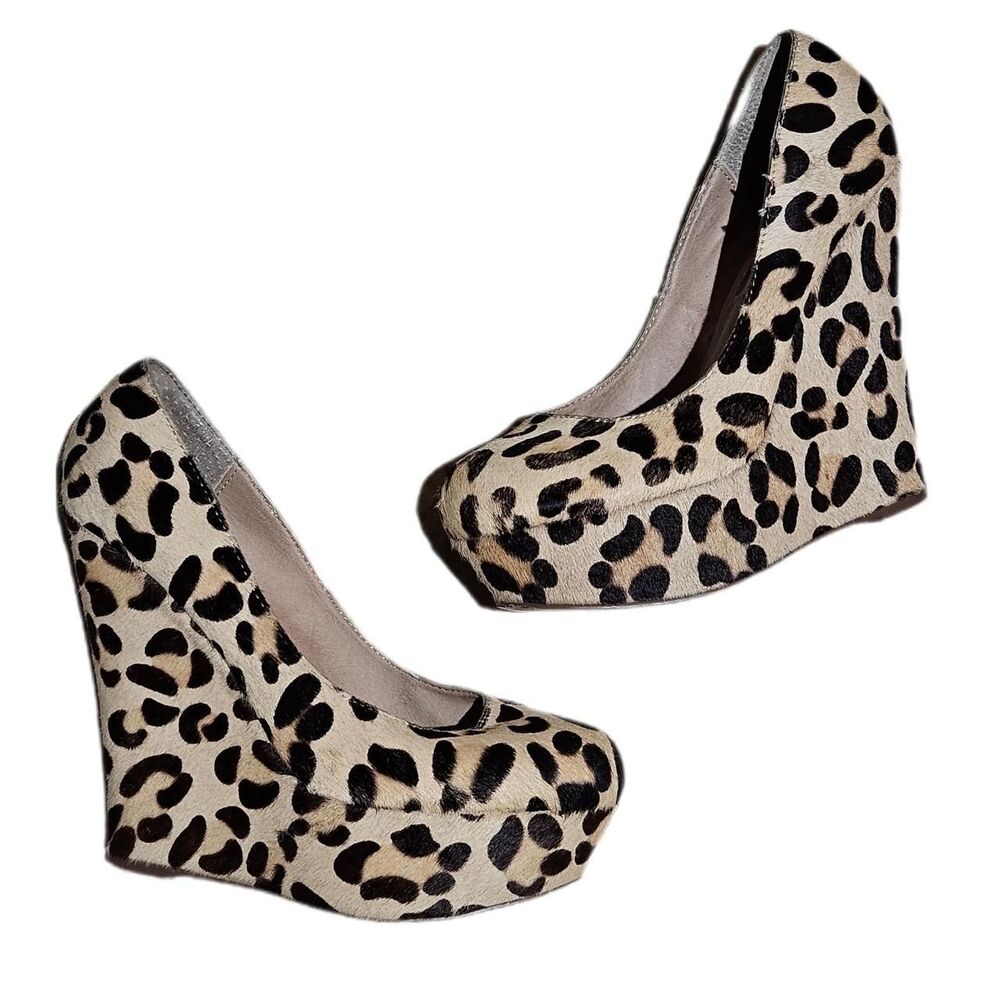 Gyaru Mcbling Leopard Print Pony Hair Leather Wedges - Gem